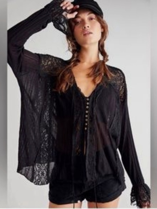 Free People | Tops | Free People Georgia Black Lacetrim Sheer | Poshmark